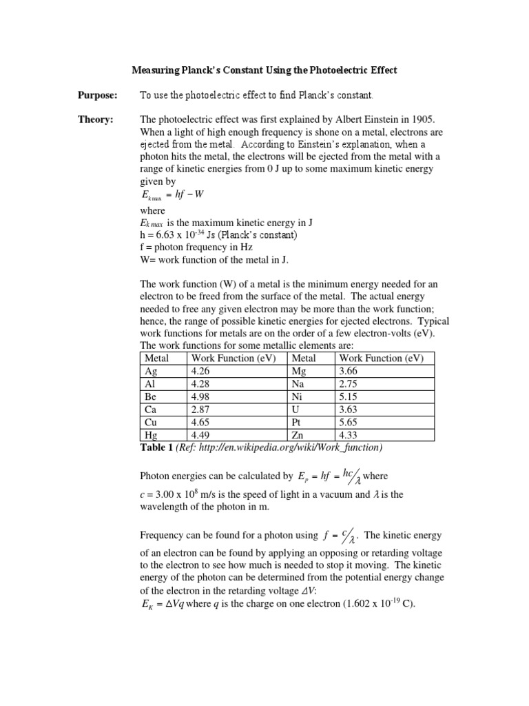 Measuring Planck's Constant Using The Photoelectric Effect Purpose: Theory | PDF | Photoelectric ...