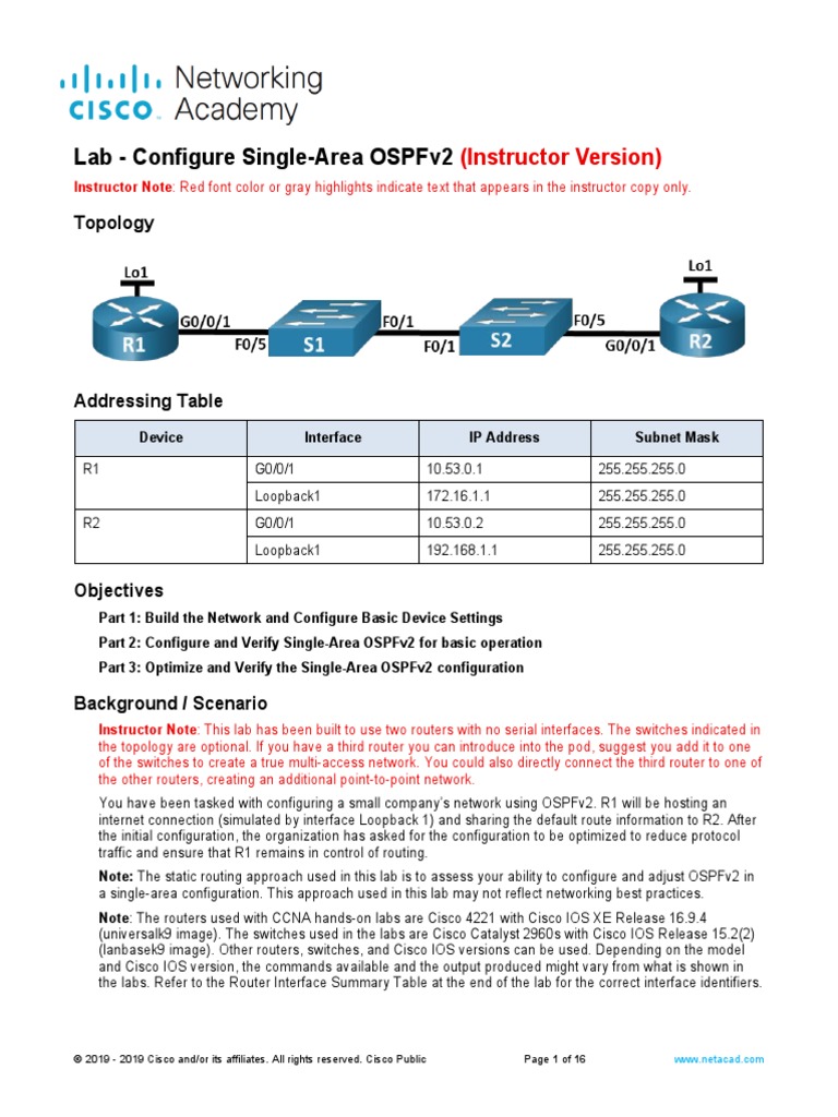 Configure Single-Area OSPFv2 Lab | PDF | Ip Address | Router (Computing)