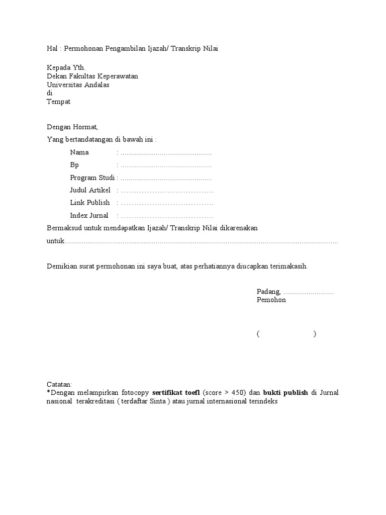 Form Surat Permohonan Pengambilan Ijazah & Transkrip | PDF | Komputer
