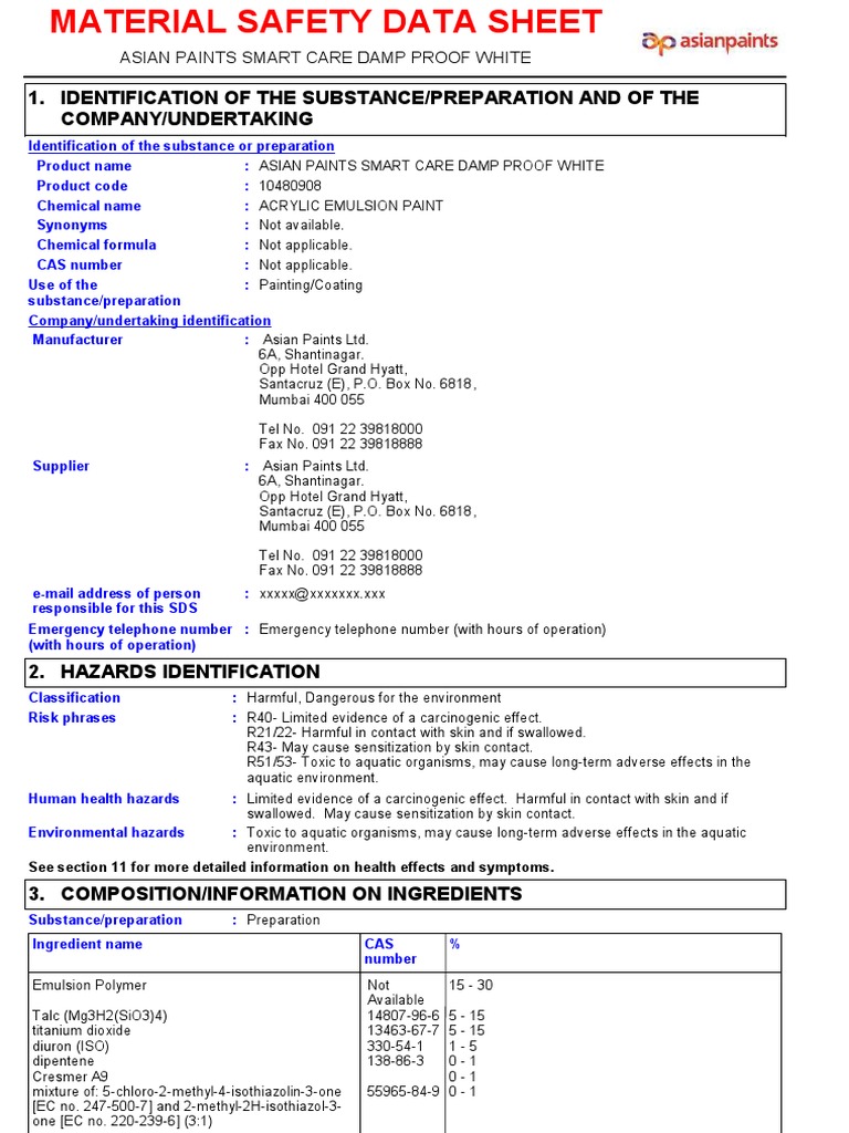 Emulson Paint MSDS | PDF | Personal Protective Equipment | Chemistry
