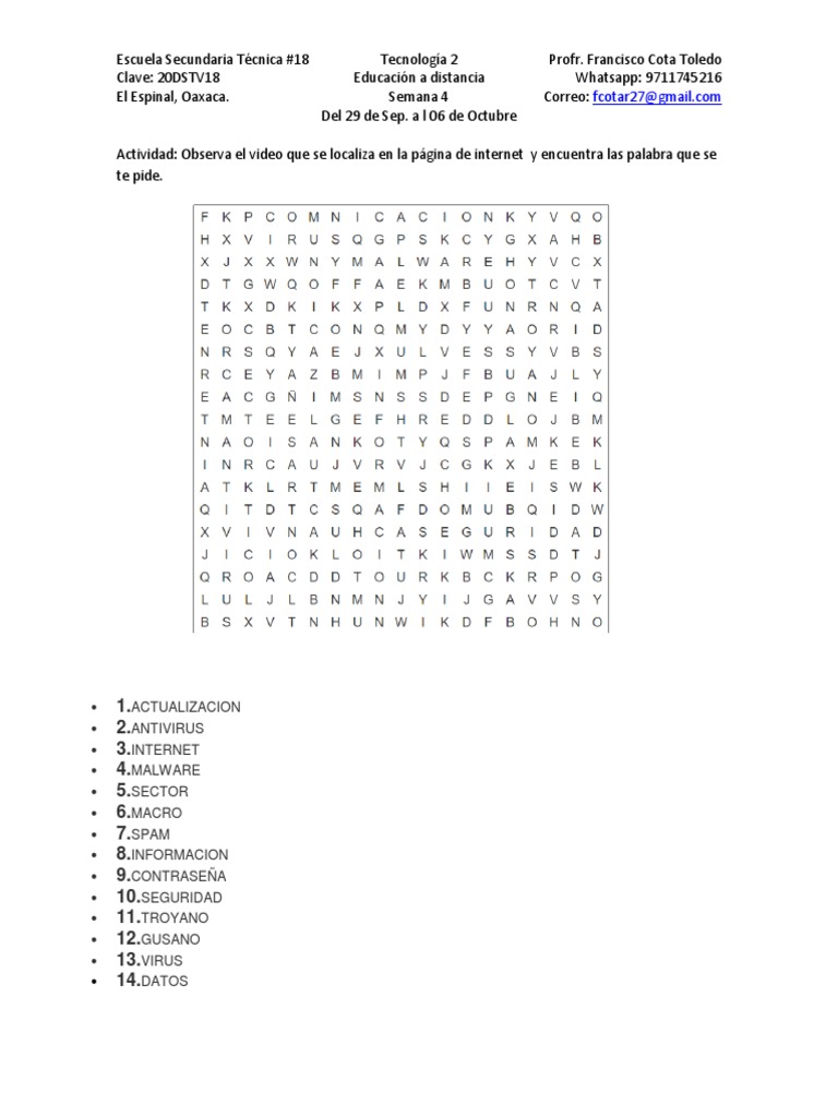 Sopa de Letras: Virus y Seguridad Informática | PDF