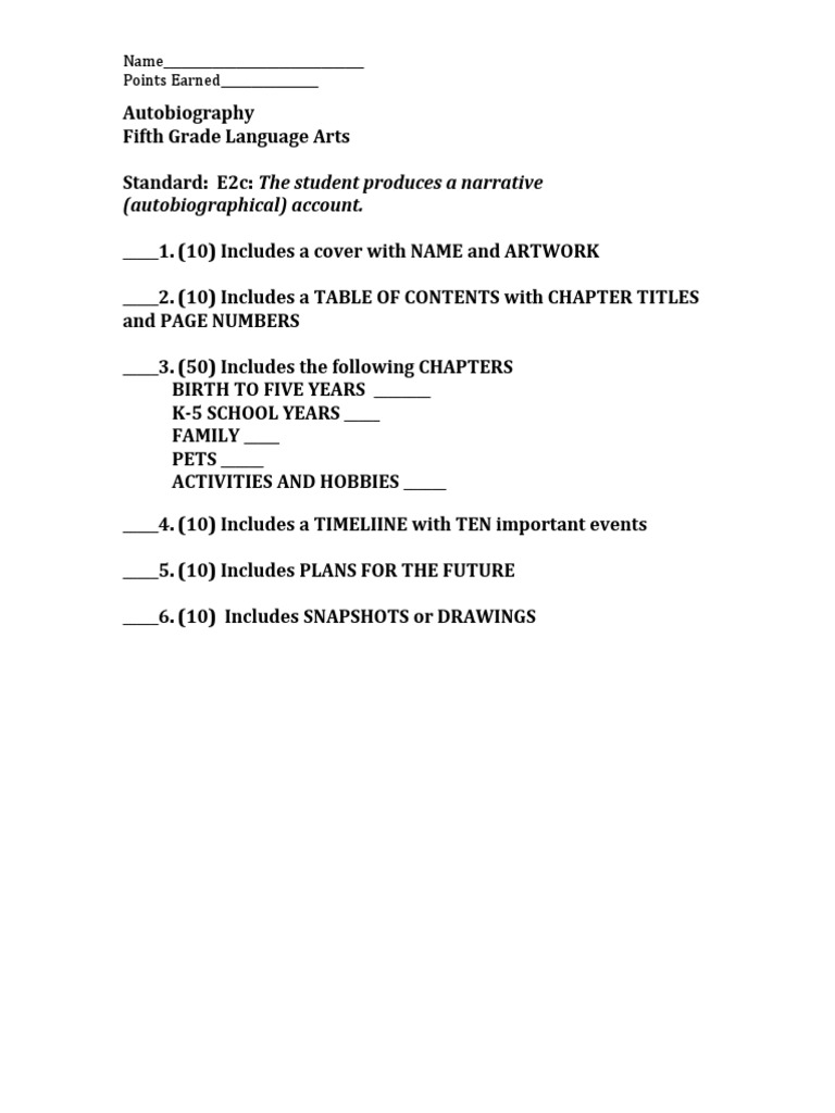 Fifth Grade Autobiography Project Guide | PDF