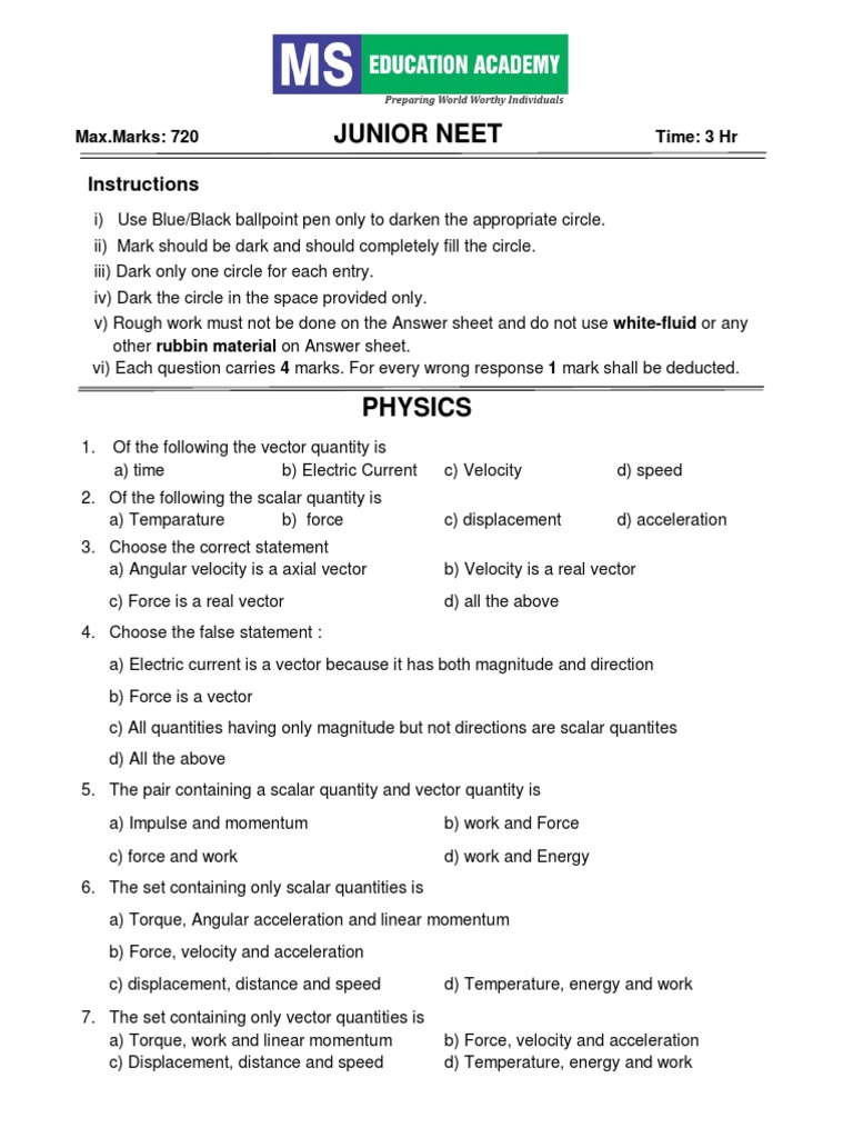 Junior Neet: Instructions | PDF | Electron | Atoms