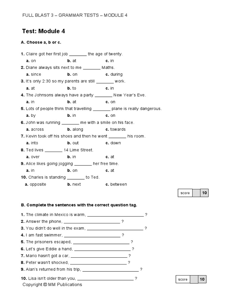 Test: Module 4: Full Blast 3 - Grammar Tests - Module 4 | PDF