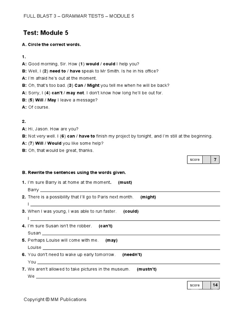 Test: Module 5: Full Blast 3 - Grammar Tests - Module 5 | PDF