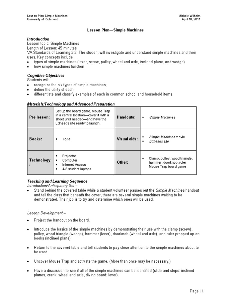 Lesson Plan-Simple Machines Michele Wilhelm University of Richmond ...