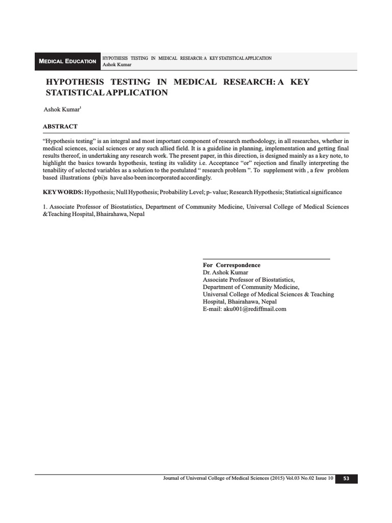 Artikel 2 Hypothesis Testing In Medical Research Descargar Gratis Pdf Statistical Hypothesis