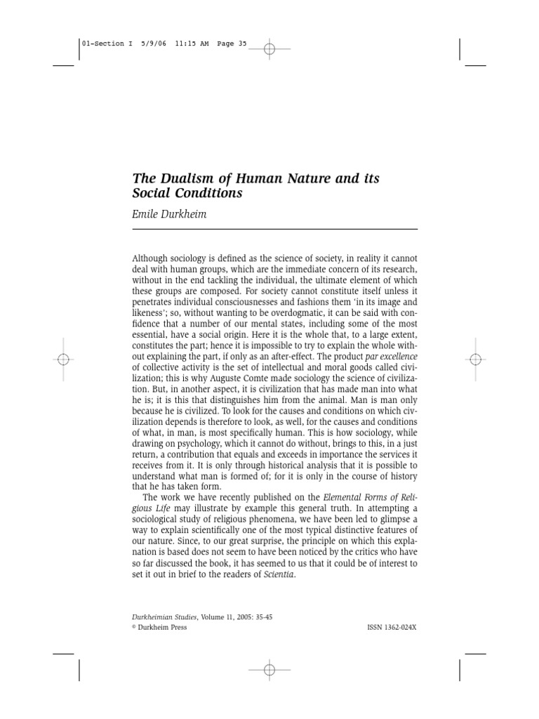 The Dualism of Human Nature and Its Soci | PDF | Émile Durkheim | Sociology