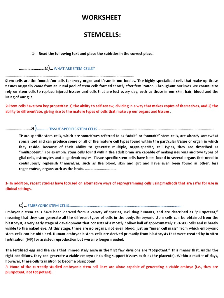 Worksheet Stemcells:: 1-Read The Following Text and Place The Subtitles ...