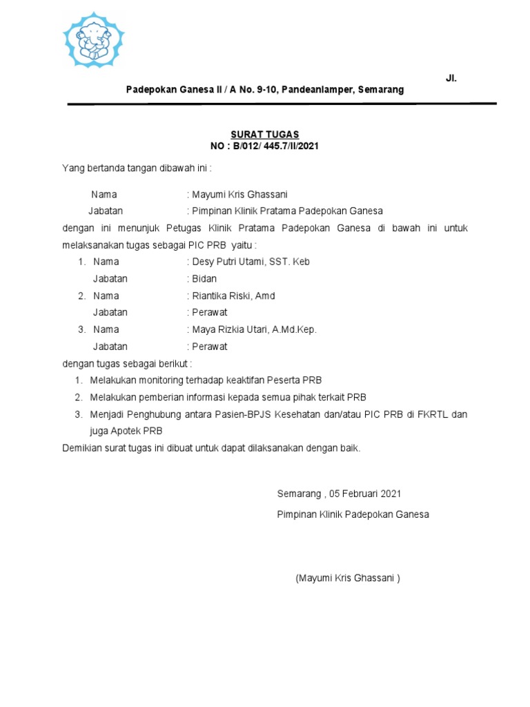 Format Surat Tugas PIC PRB FKTP | PDF