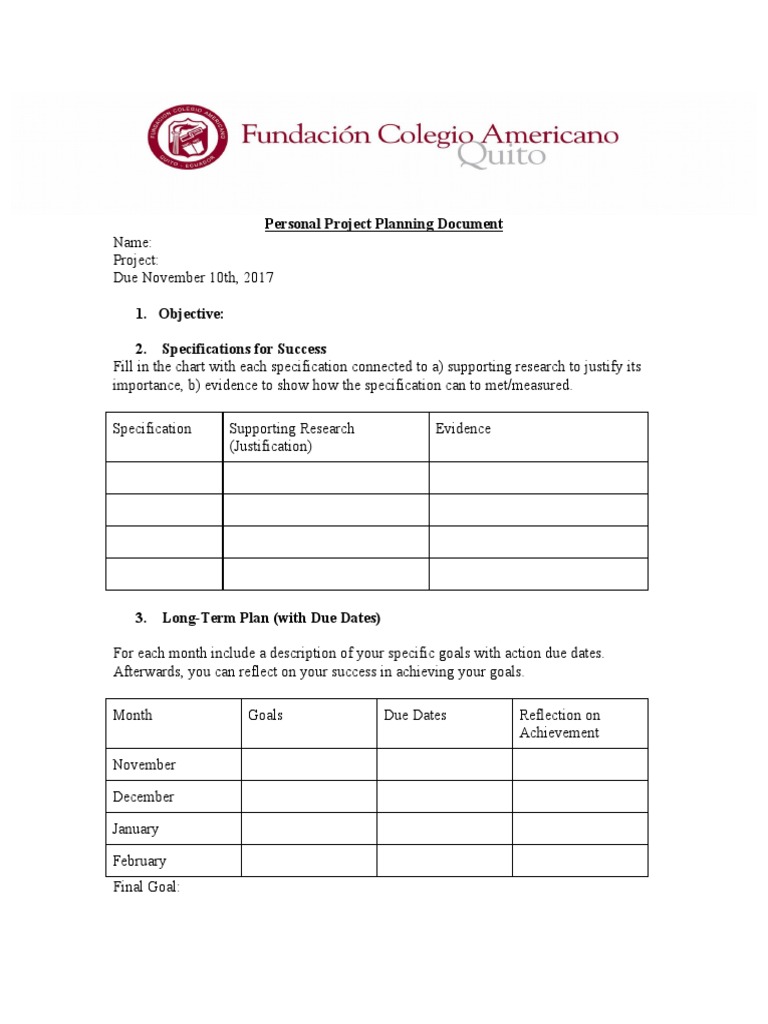 Personal Project Planning Document 1 | PDF