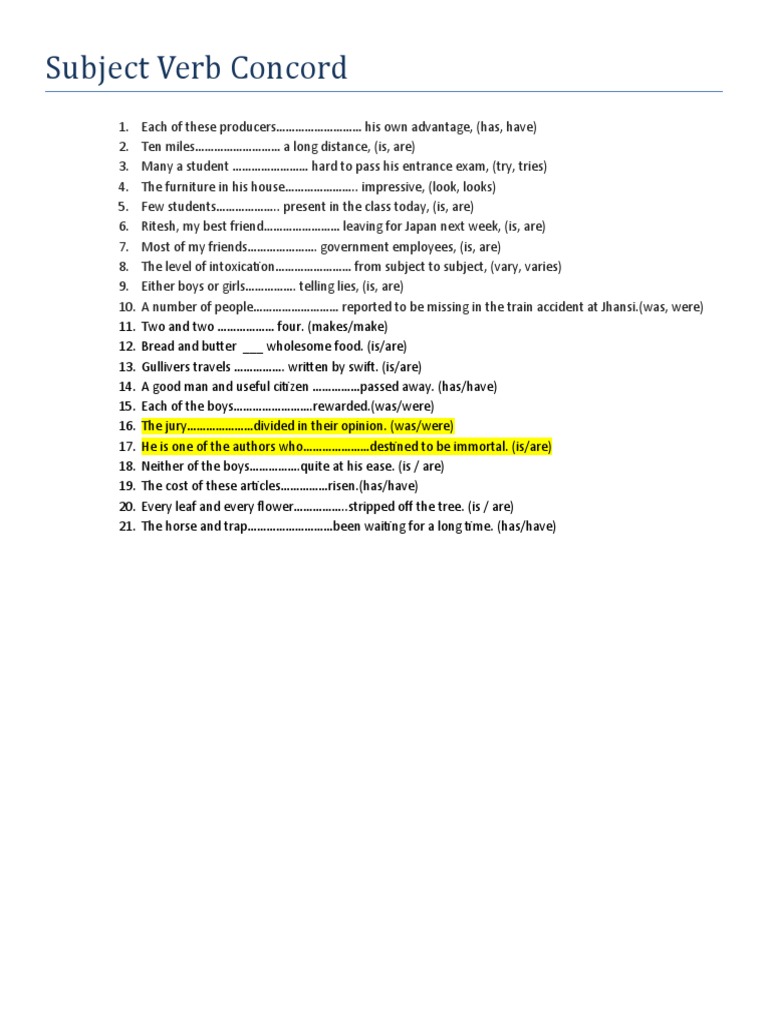 Subject-Verb Concord Exercises | PDF | Language Arts & Discipline ...