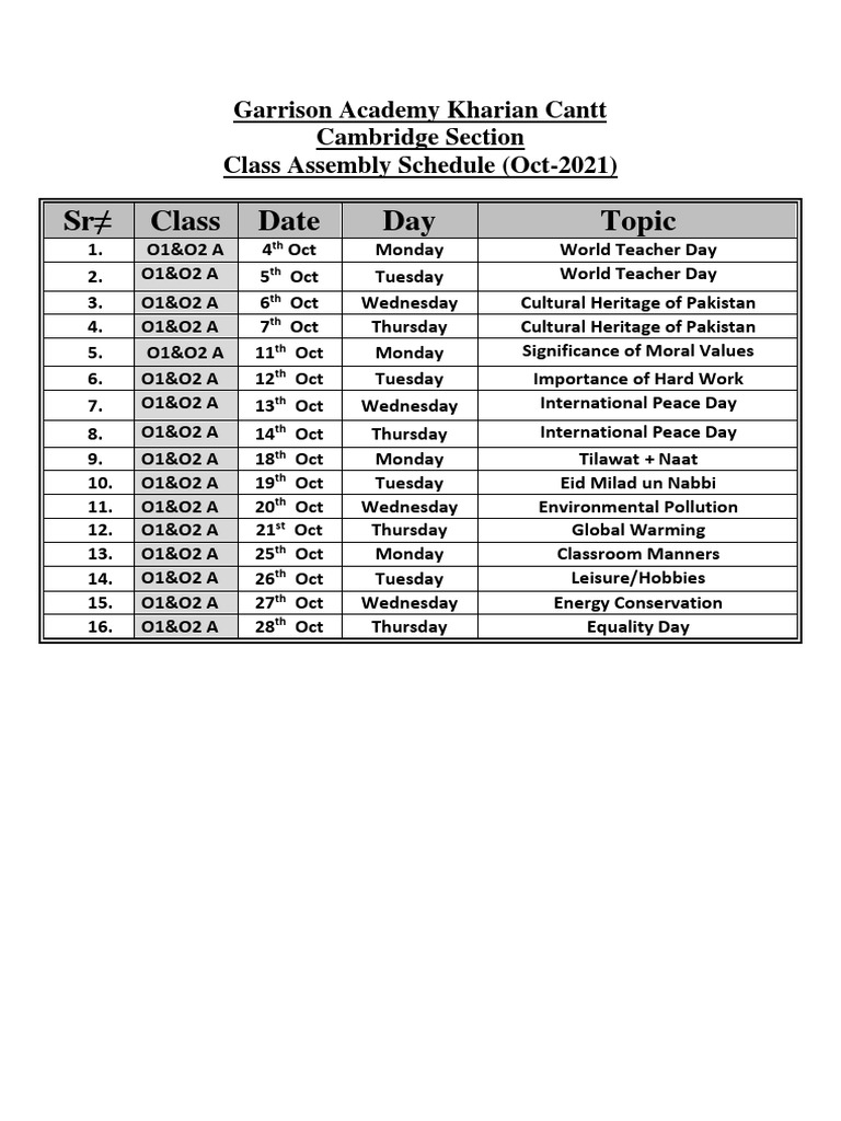 Oct Class Assembly Schedule Cambridge Section | PDF