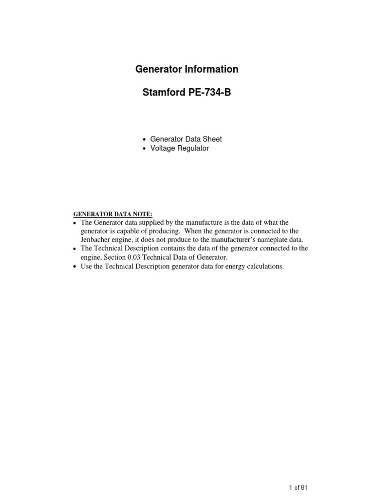 Stamford PE-734-B Generator Data With DVR | PDF | Electric Generator ...