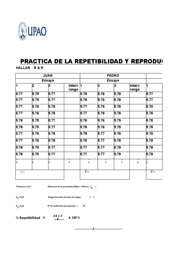 Practica Repetibilidad y Reproducibilidad | PDF | Estadísticas ...