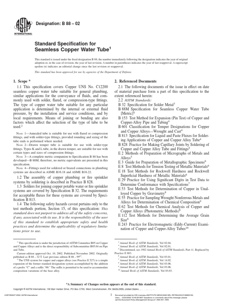 Astm B 88-02 | PDF | Pipe (Fluid Conveyance) | Soldering