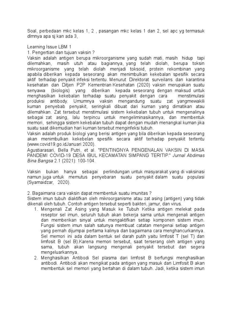 Soal, Perbedaan MKC Kelas 1, 2, Pasangan MKC Kelas 1 Dan 2, Sel Apc Yg Termasuk Dlmnya Apa SJ ...