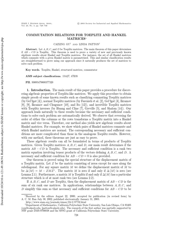 Commutation Relations For Toeplitz and Hankel Matrices | Download Free ...