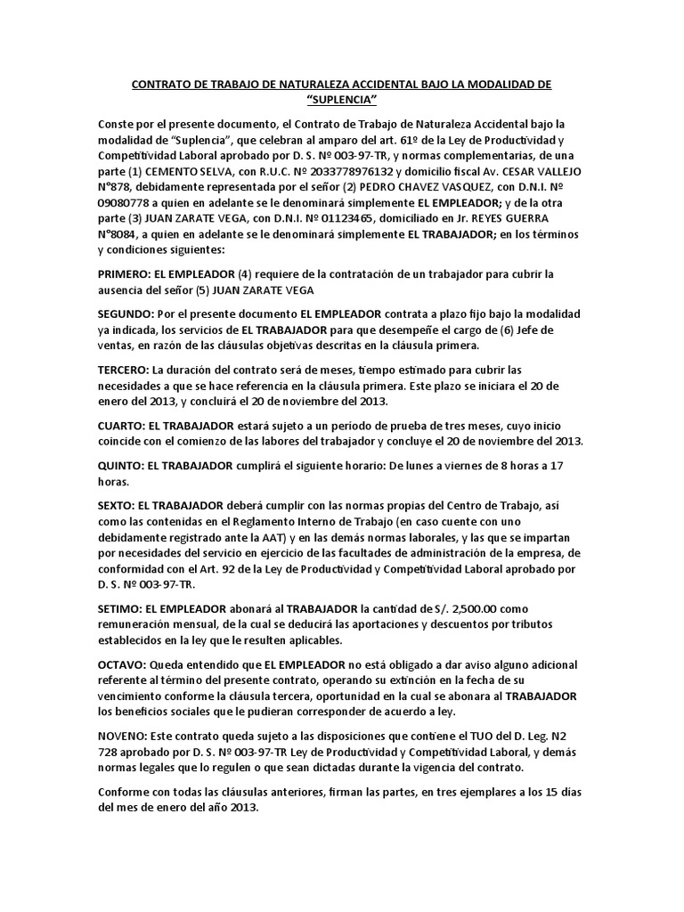 Contrato de Trabajo de Naturaleza Accidental Bajo La Modalidad de Suplencia | PDF | Derecho ...