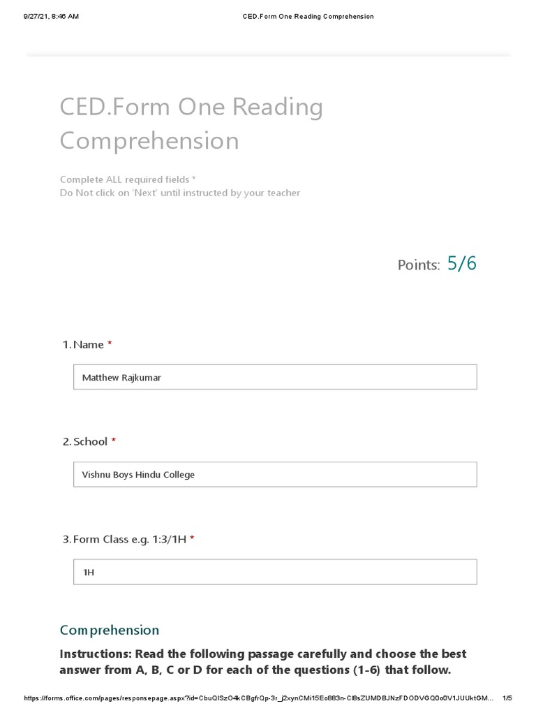 CED - Form One Reading Comprehension | PDF
