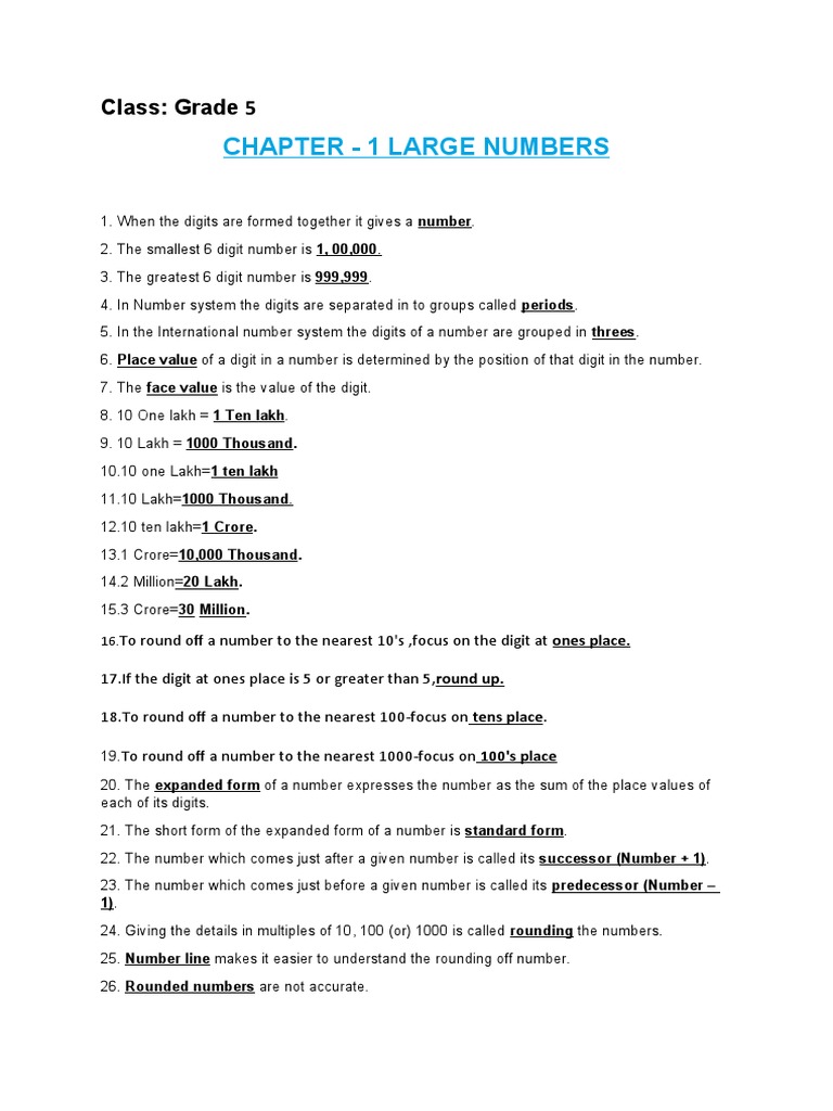 Chapter - 1 Large Numbers: Class: Grade 5 | PDF | Numbers | Mathematics
