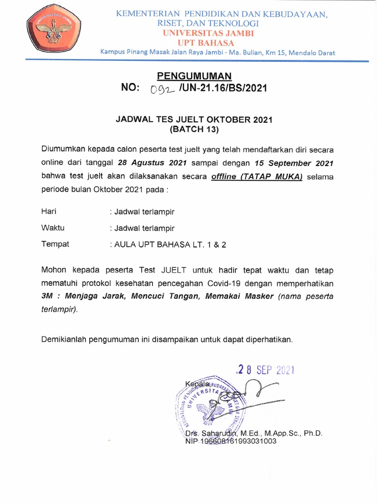 NO: O9l /UN-21.16/BS/2021: Pengumuman | PDF