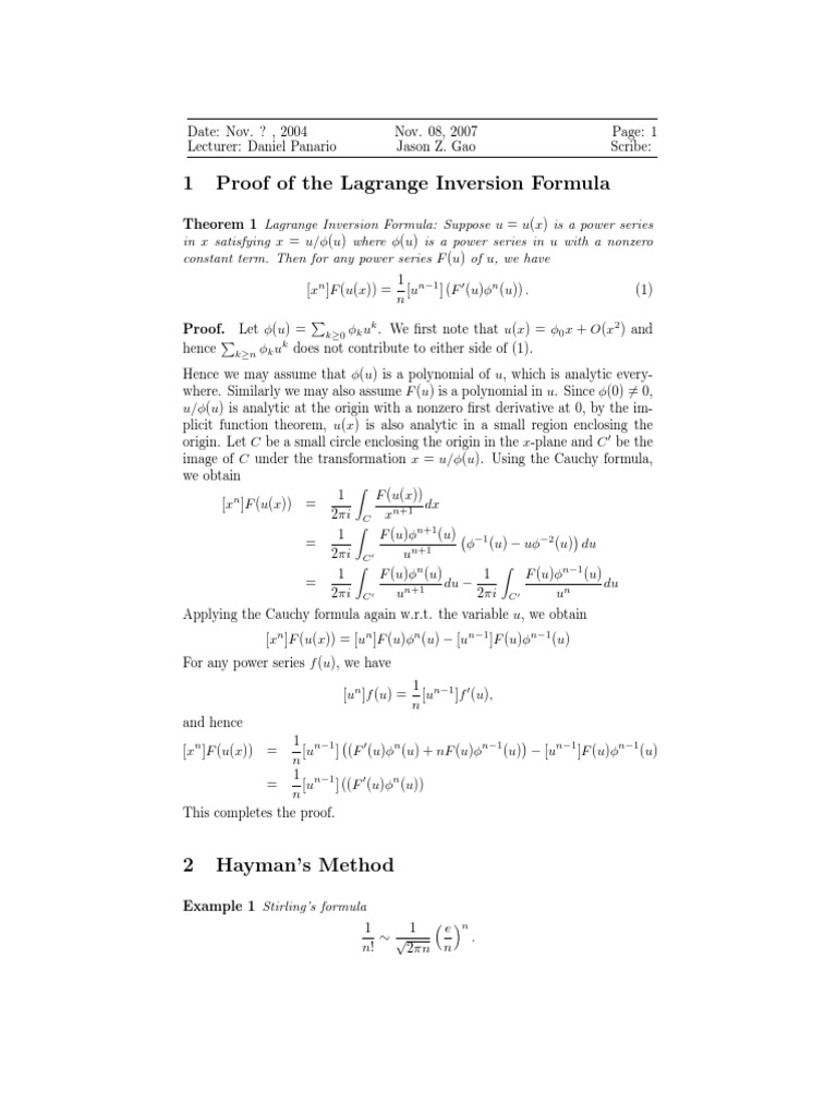 Proof of The Lagrange Inversion Formula | PDF | Power Series | Functions And Mappings