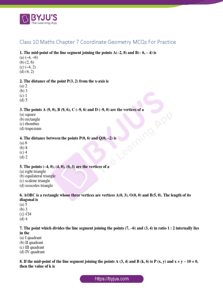 Class 10 Maths Chapter 7 Coordinate Geometry MCQs For Practice | PDF