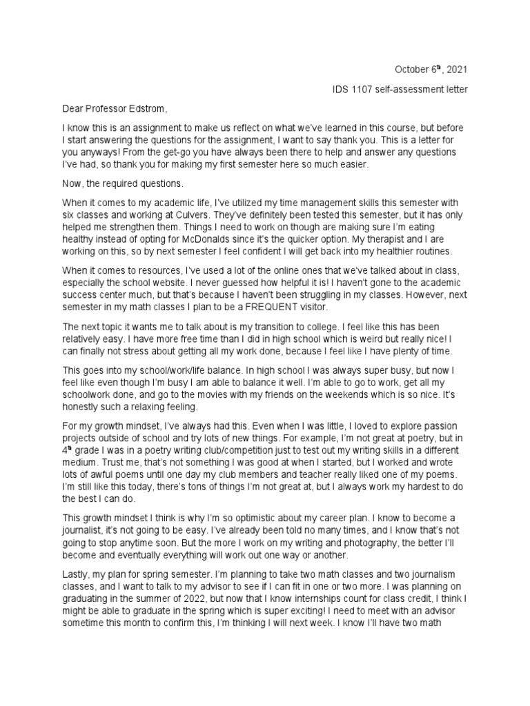 Critical Self-Assessment Letter | PDF | Career & Growth