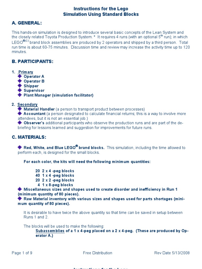 LEGO Simulation Instructions | Inventory | Lean Manufacturing