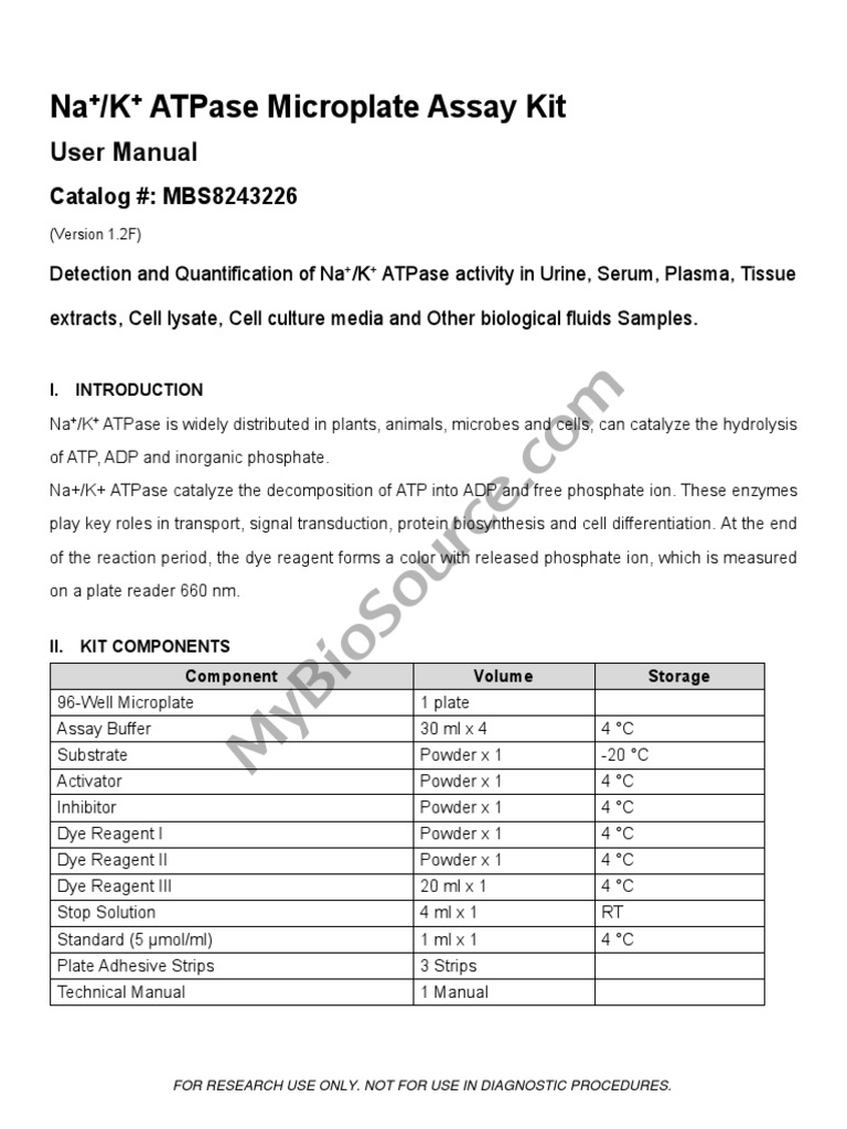 Na /K Atpase Microplate Assay Kit: User Manual | PDF | Biochemistry ...