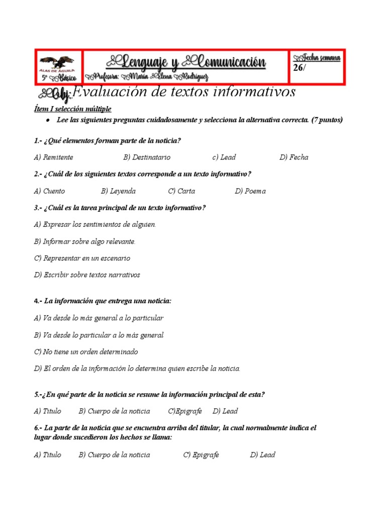 Prueba de Lenguaje Textos Informativos 5° | PDF