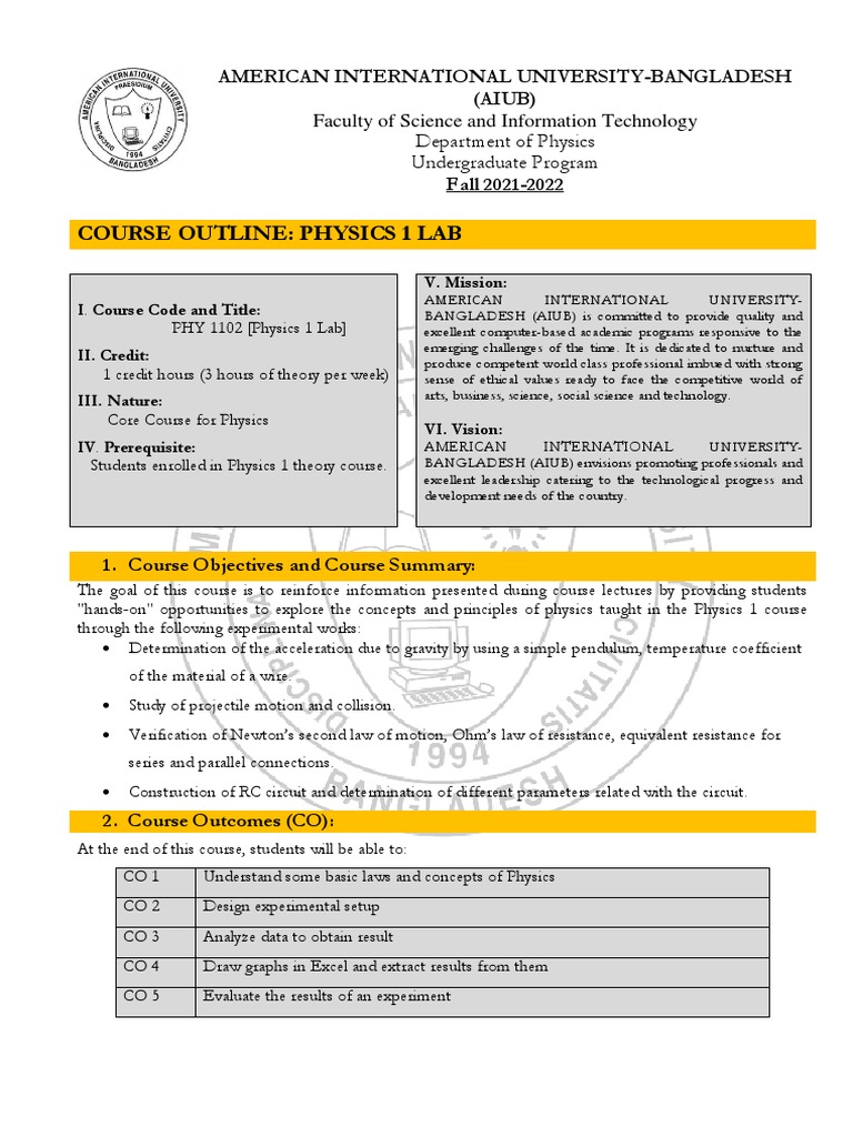 Course Outline: Physics 1 Lab: American International University ...