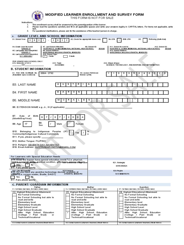 LESF Learner Enrollment and Survey Form English | PDF | Internet Access ...