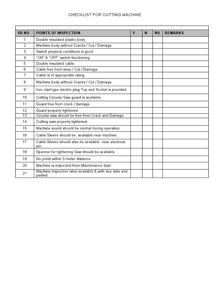 Check List For Cutting Machine | PDF