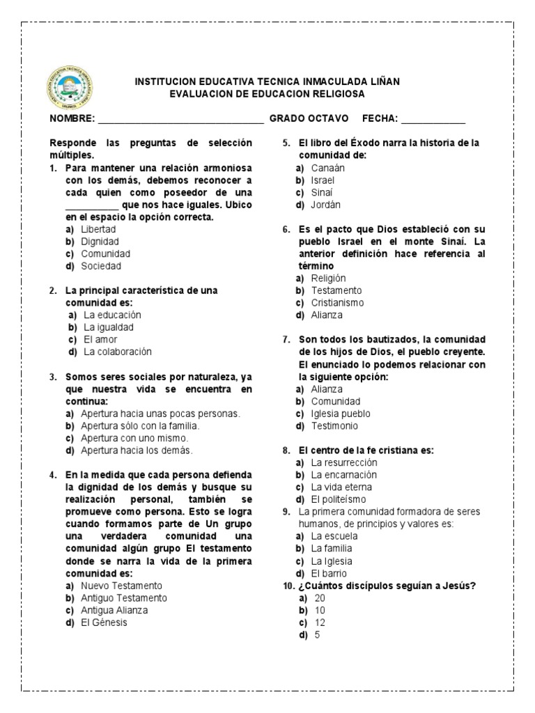 Evaluacion de Religion Grado Octavo | PDF | Dios