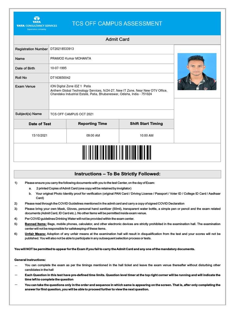 Admit Card: Instructions - To Be Strictly Followed | PDF | Test ...