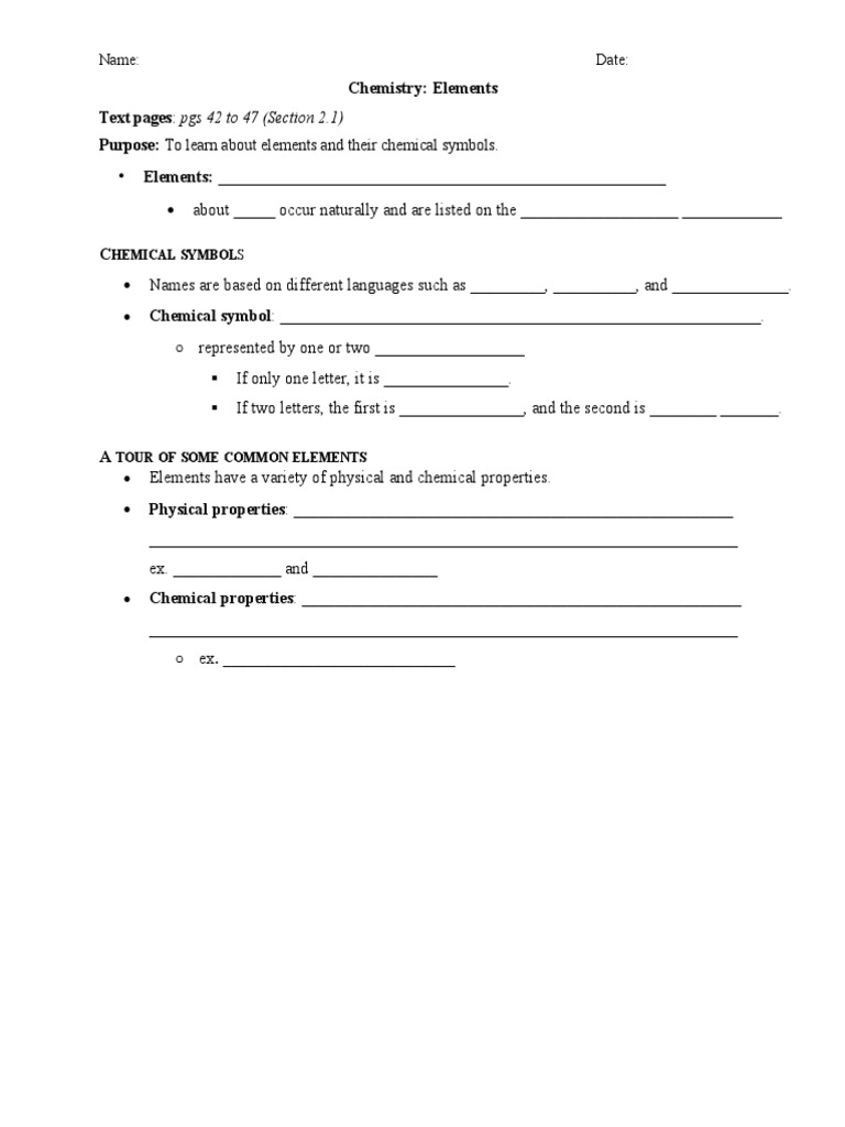 Chemistry: Elements: Text Pages: Pgs 42 To 47 (Section 2.1) Purpose: To ...