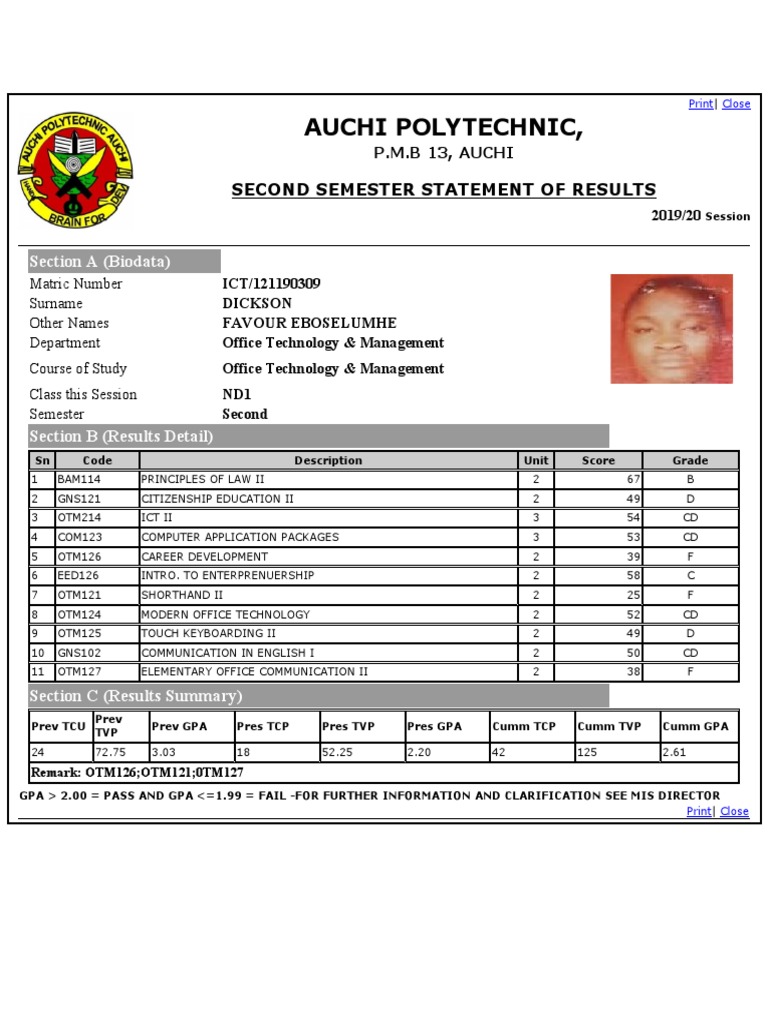 Auchi Polytechnic,: Second Semester Statement of Results | PDF
