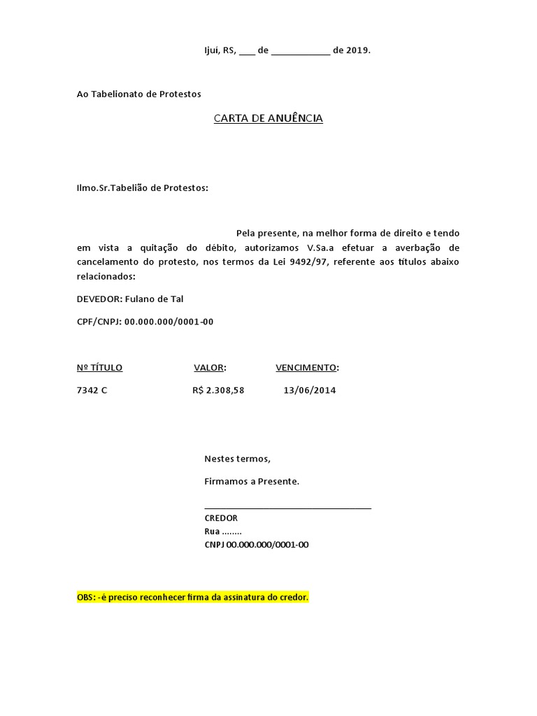 Carta de Anuência Modelo | PDF