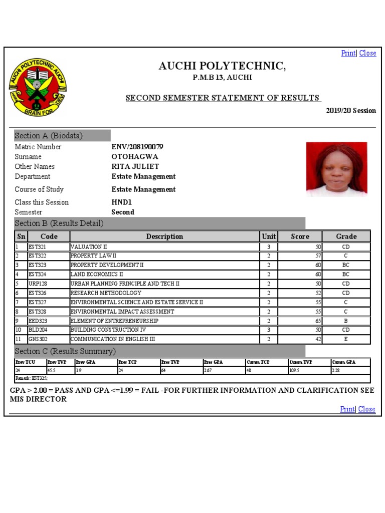 Auchi Polytechnic,: Second Semester Statement of Results | PDF | Academia