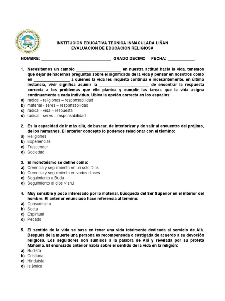 Evaluacion de Religion Grado Decimo | PDF | Significado de la vida