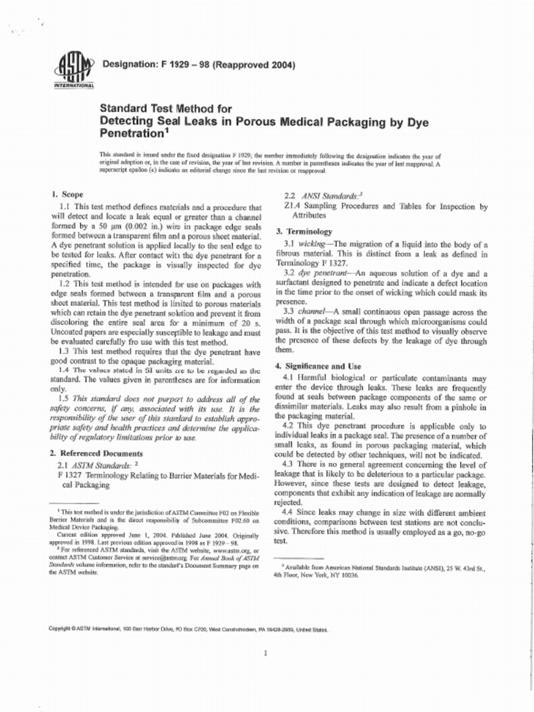ASTM F1929-98 (Reapproved 2004) - Standard Test Method For Detecting ...