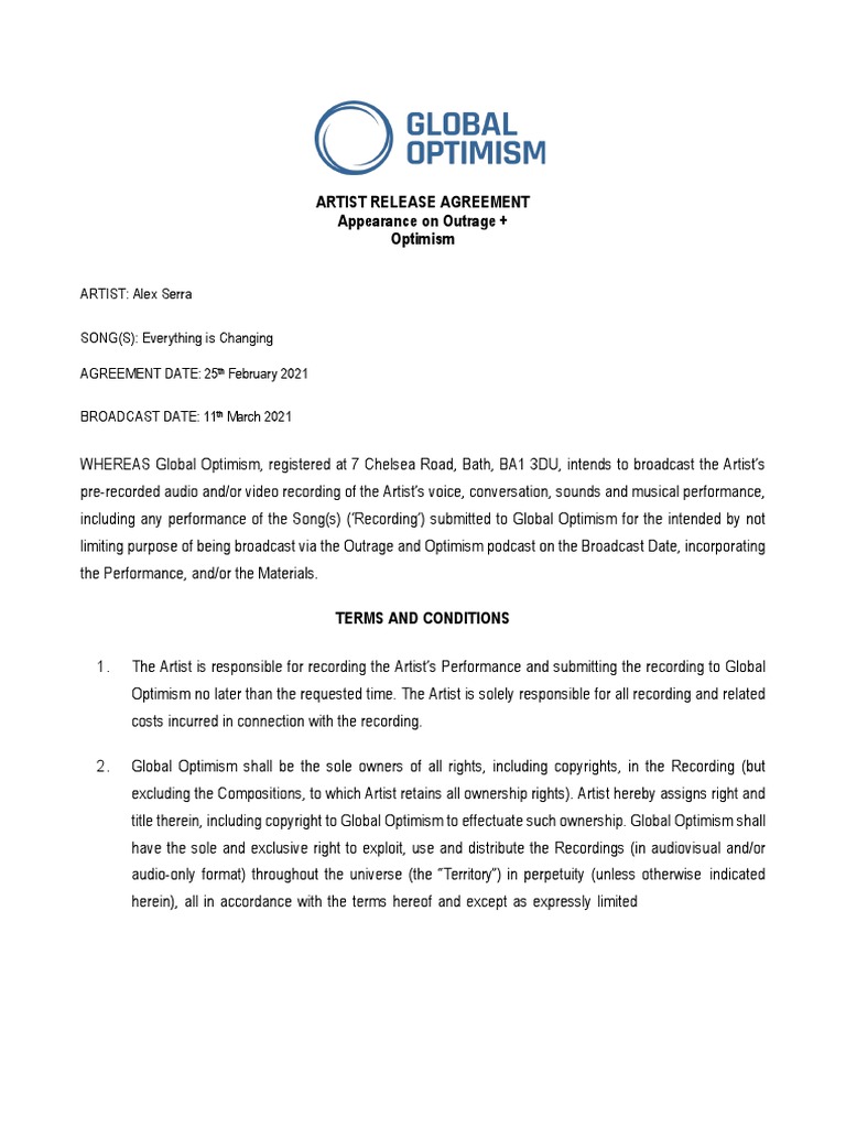 Alex Serra Outrage and Optimism Artist Release Agreement 2021 - Encrypted | PDF | Business Law ...