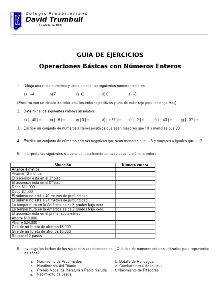Operaciones Basicas Con Numeros Enteros | PDF | Entero | Enseñanza de matemática