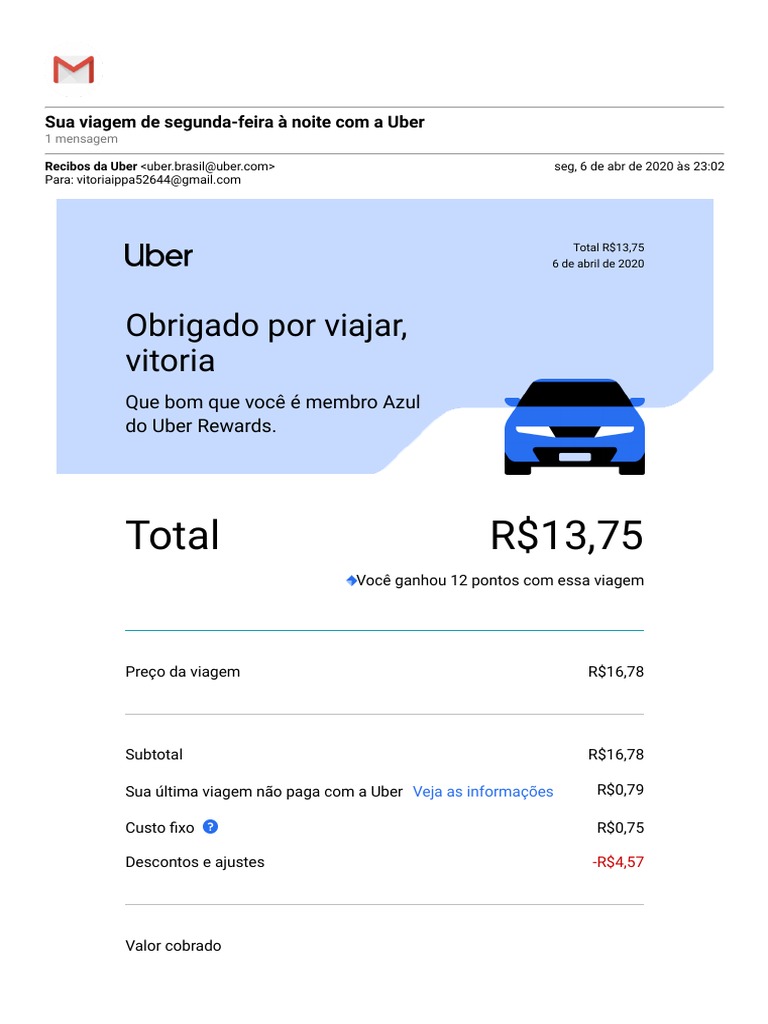 Recibo detalhado da viagem de Uber realizada em 6 de abril de 2020 | PDF
