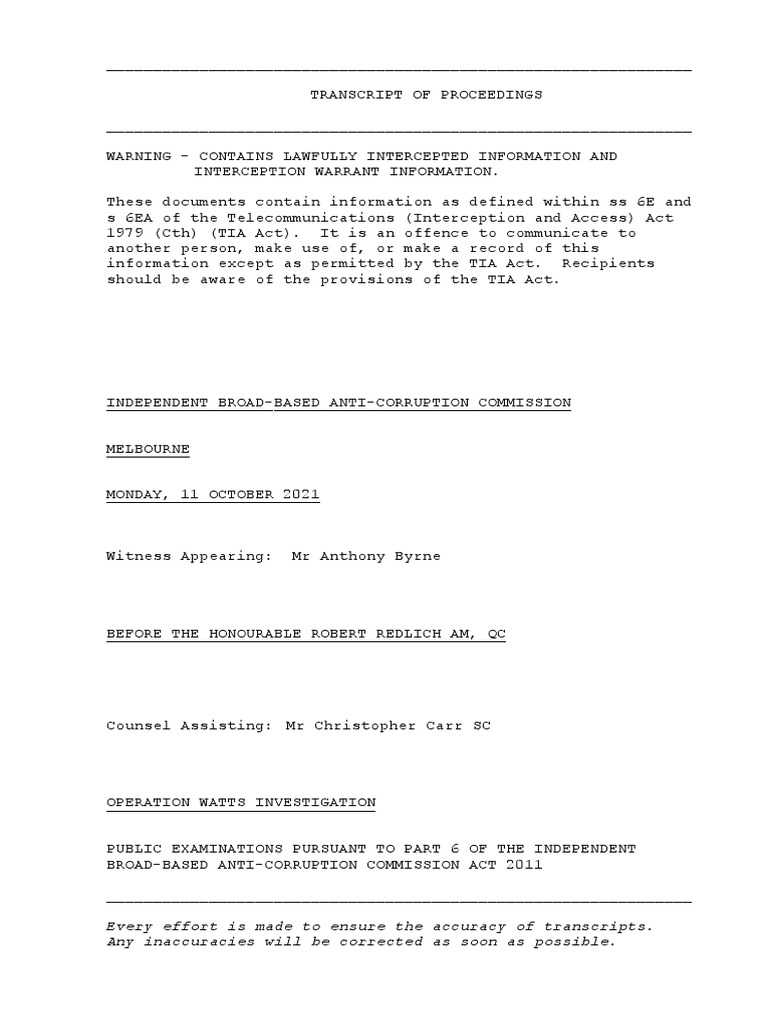 Ibac Operation Watts Day 1 Transcript 11 October 2021 (Byrne) | PDF | Public Law | Justice