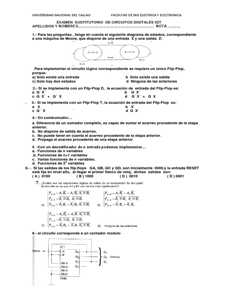 Examen Sustitutorio Circ Dig 02T Ing Electrica SS | PDF | Puerta lógica | Tecnología digital