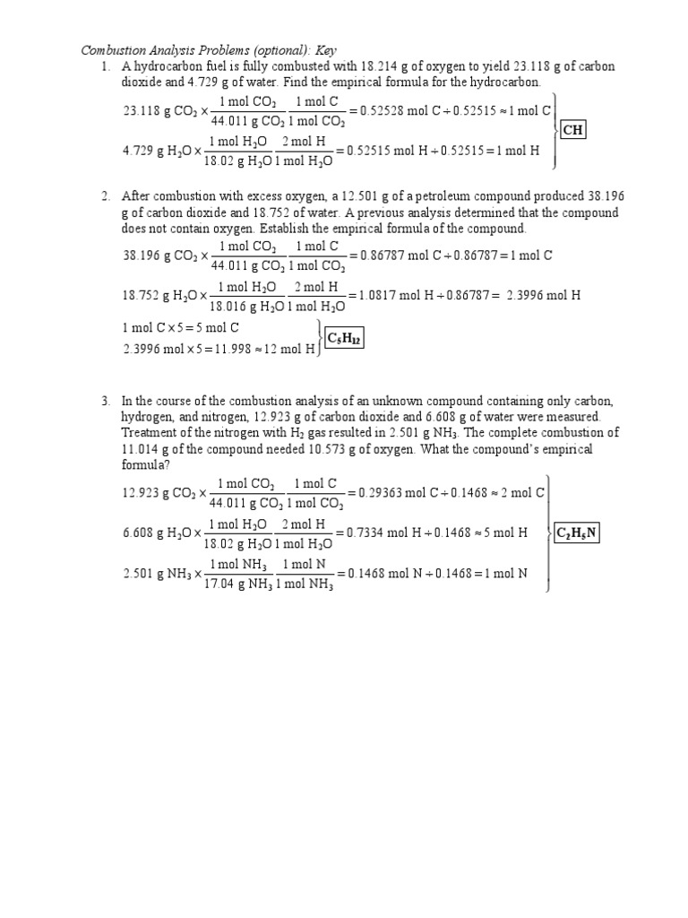 Combustion Analysis Extra Problems Key | PDF | Combustion | Carbon Dioxide