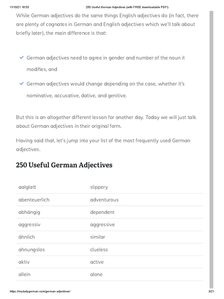 250 Essential German Adjectives List | PDF | Adjective | Semiotics